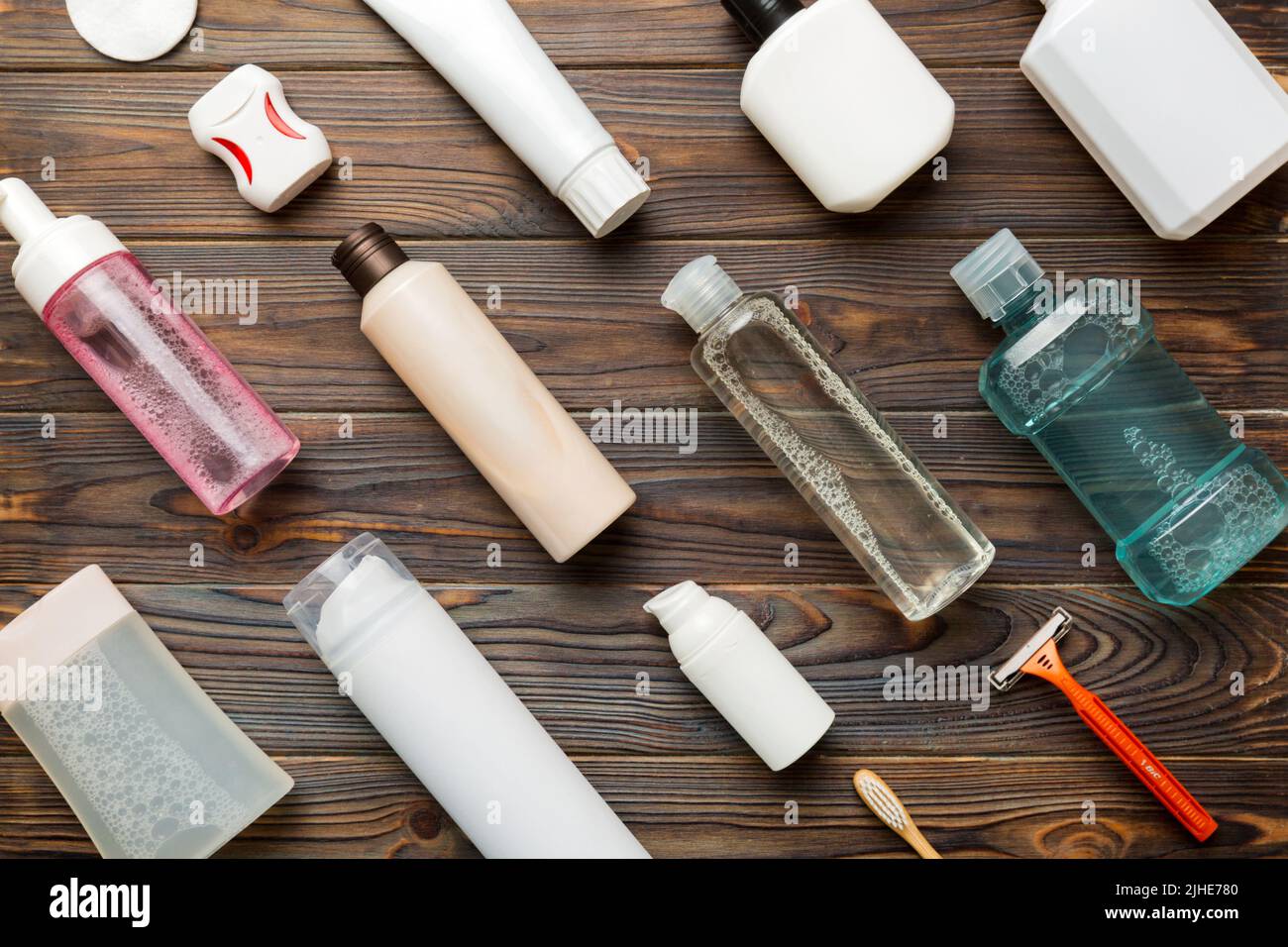 Mockup for bathing products top view flat lay, spa razor, toothpaste ...