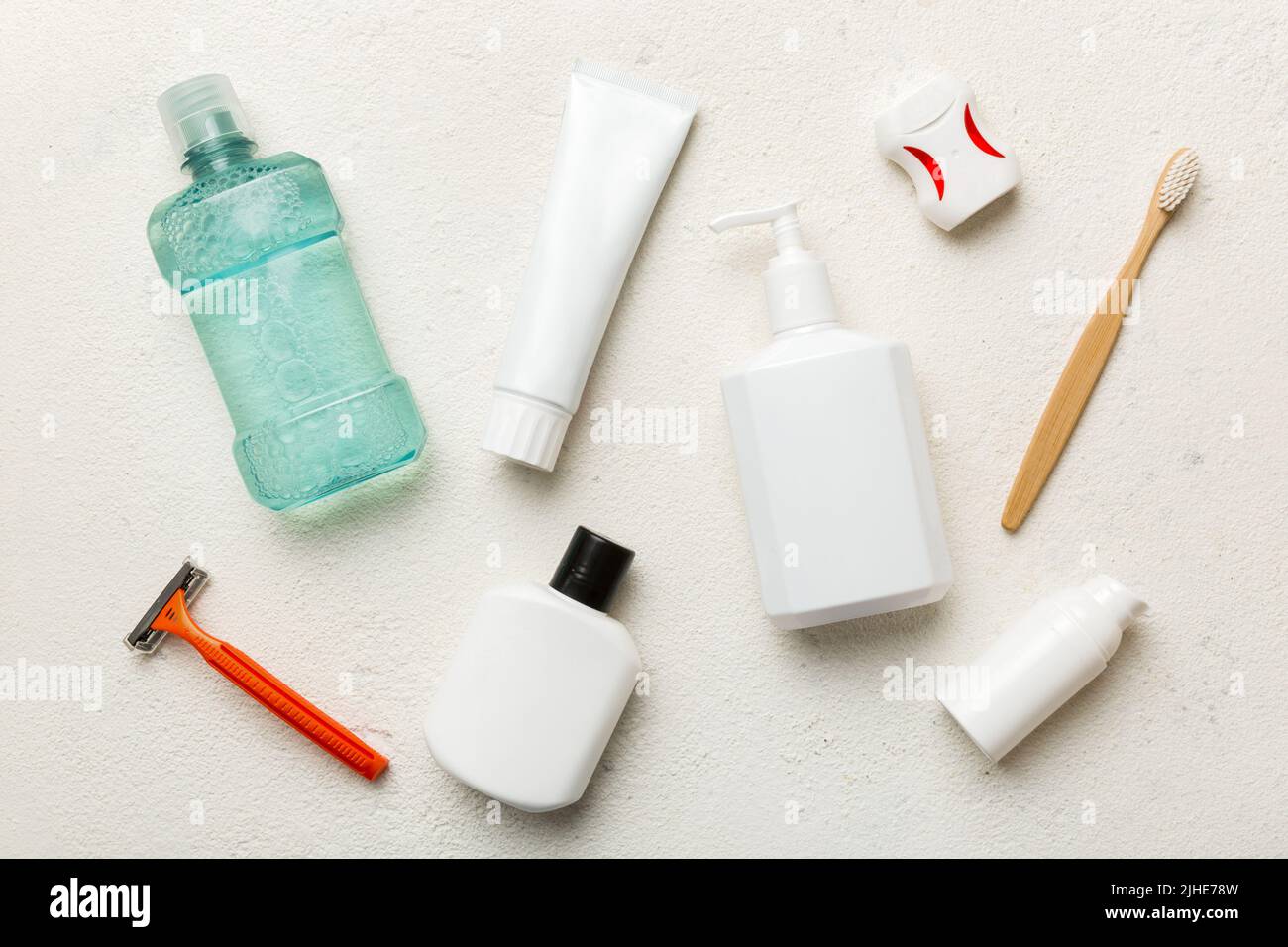 Mockup for bathing products top view flat lay, spa razor, toothpaste ...
