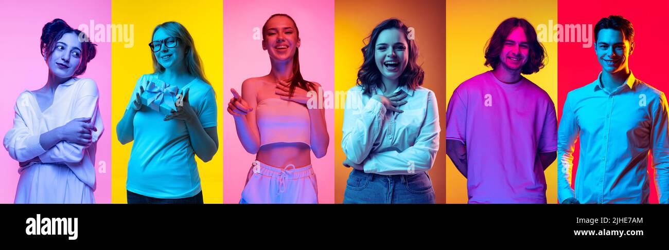 Youth. Collage of portraits of young emotional people on multicolored ...