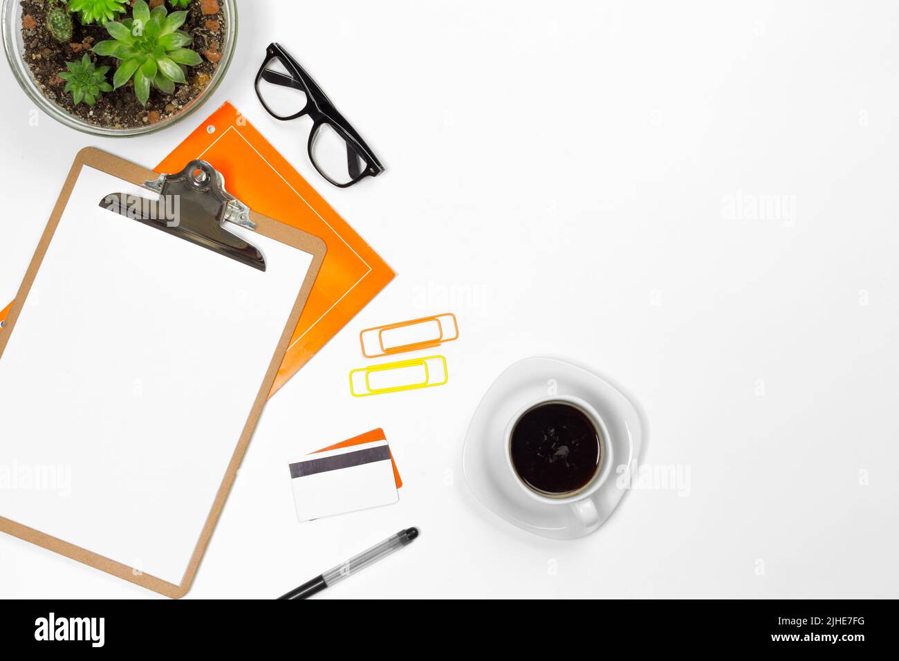 Blank office desk background with copy space for your text. Top view ...