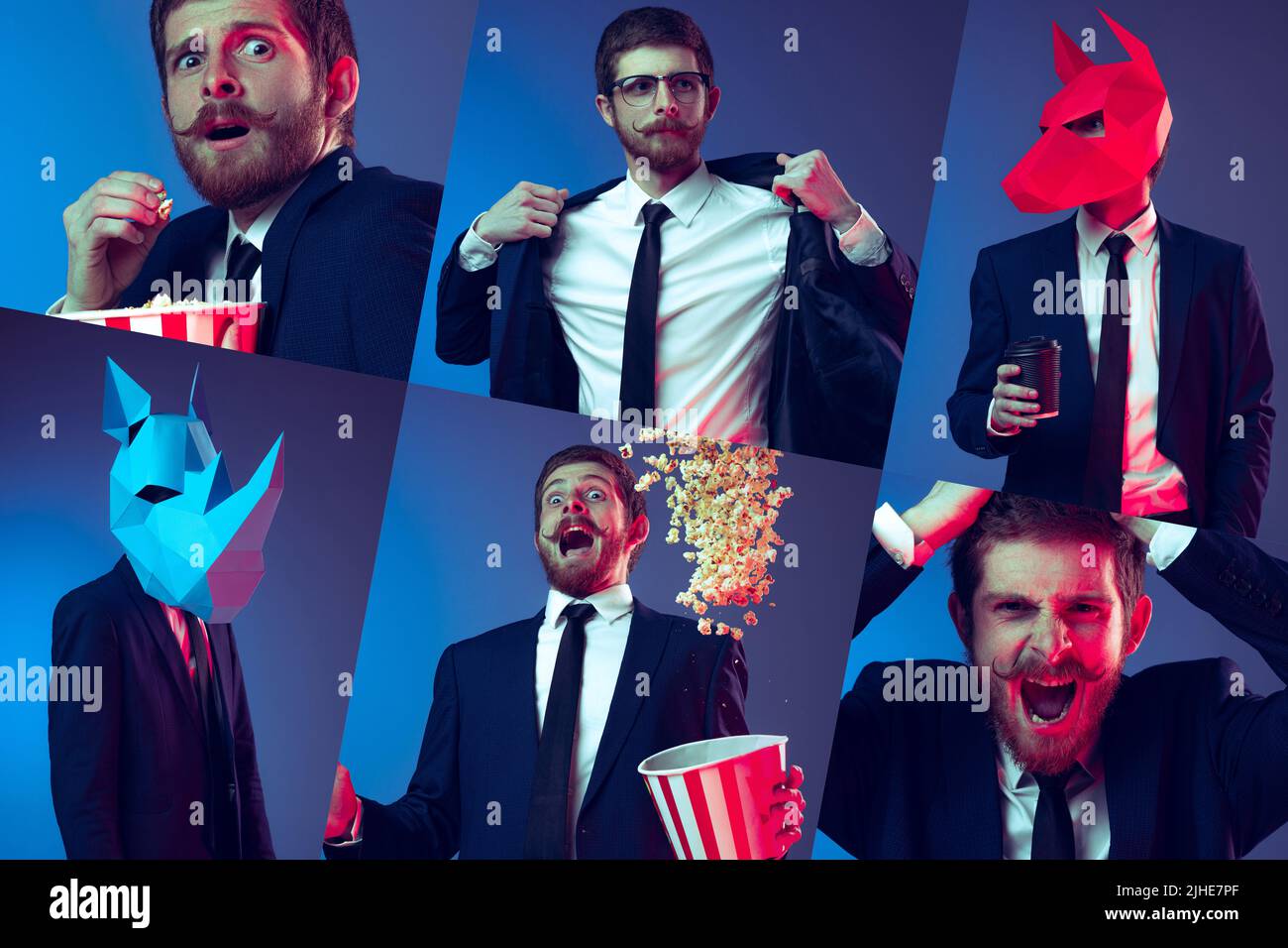 Model smiling, grimaces, screaming, surprising. Set of young closeup ...