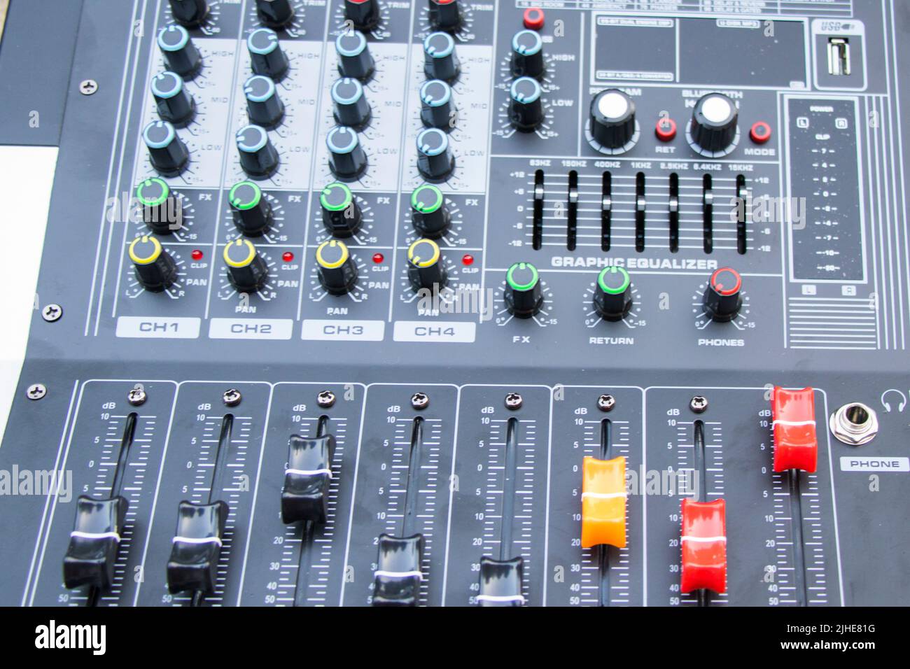 Sound engineering instrument, soundboard equalizer close-up Stock Photo ...