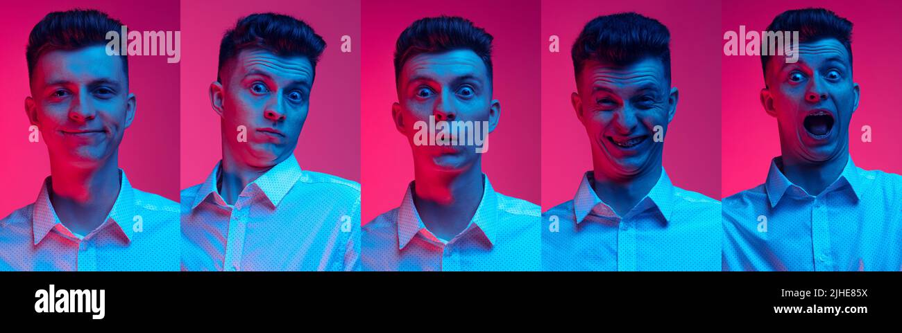 Model smiling, grimaces, screaming, surprising. Set of young closeup ...