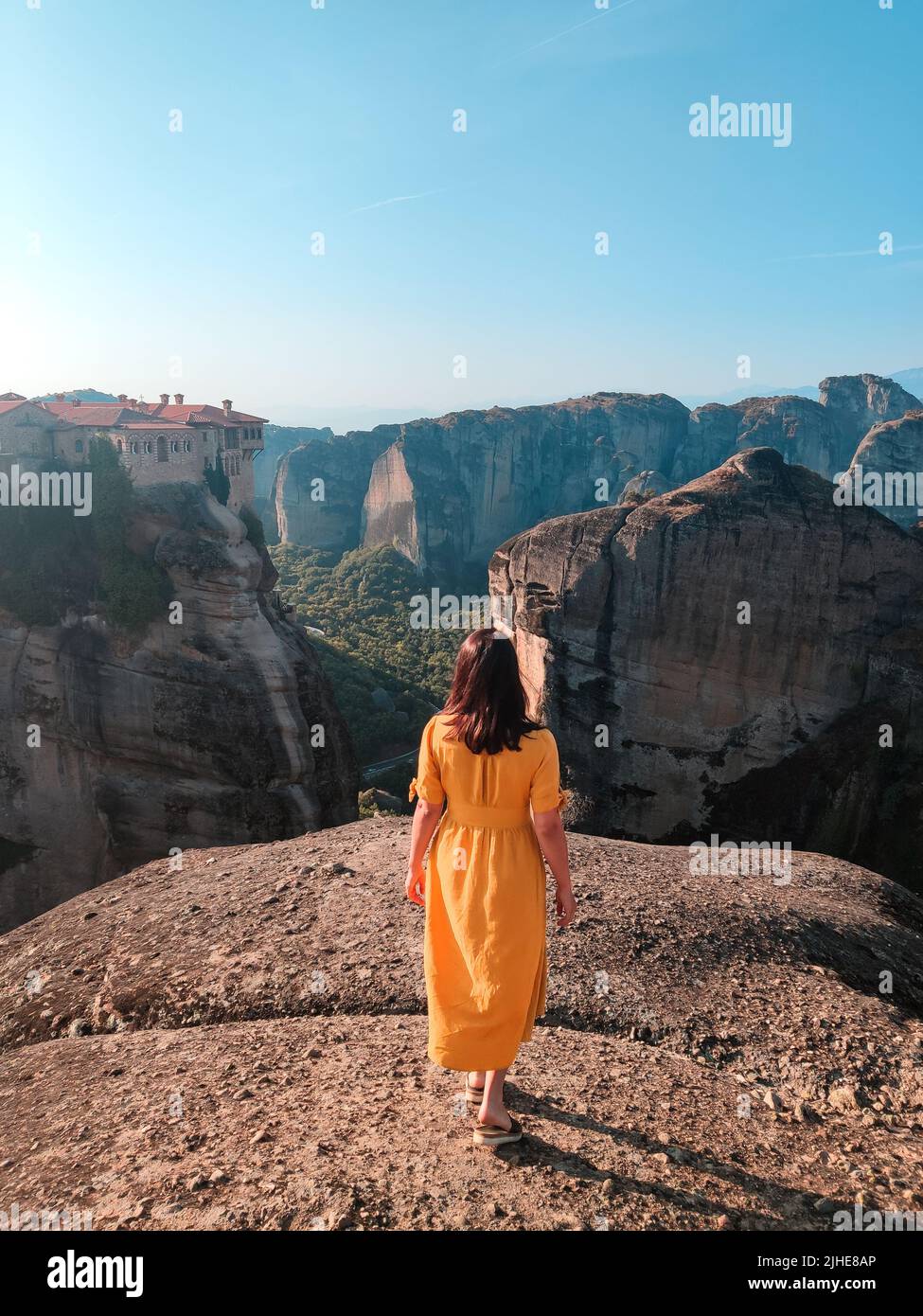 beautiful woman in yellow dress at greece thessaly mountains Stock ...