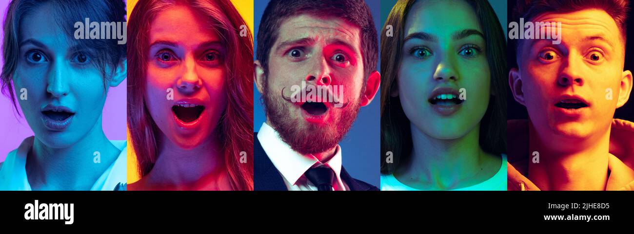 Surprised, scared faces. Collage of closeup portraits of young ...