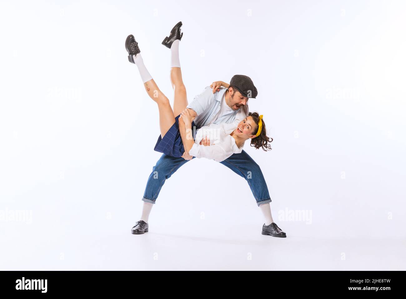 Portrait of young cheerful couple, man and woman in stylish casual ...