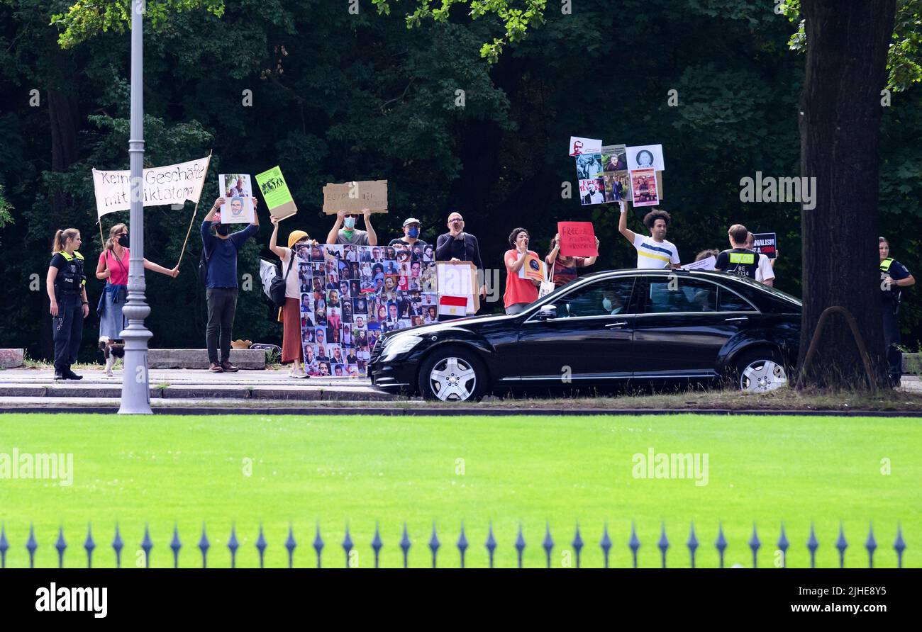 Berlin, Germany. 18th July, 2022. Demonstrators protest as the Mercedes ...