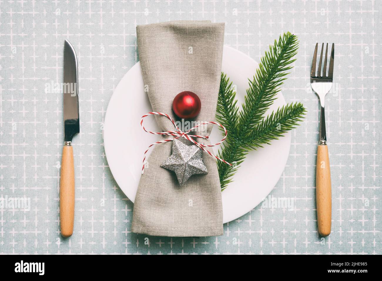 Christmas dinner background with rustic decorations and kitchen utensil ...