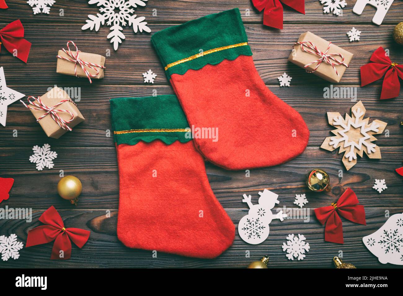 santa red sock top view on the color background with empty space ...
