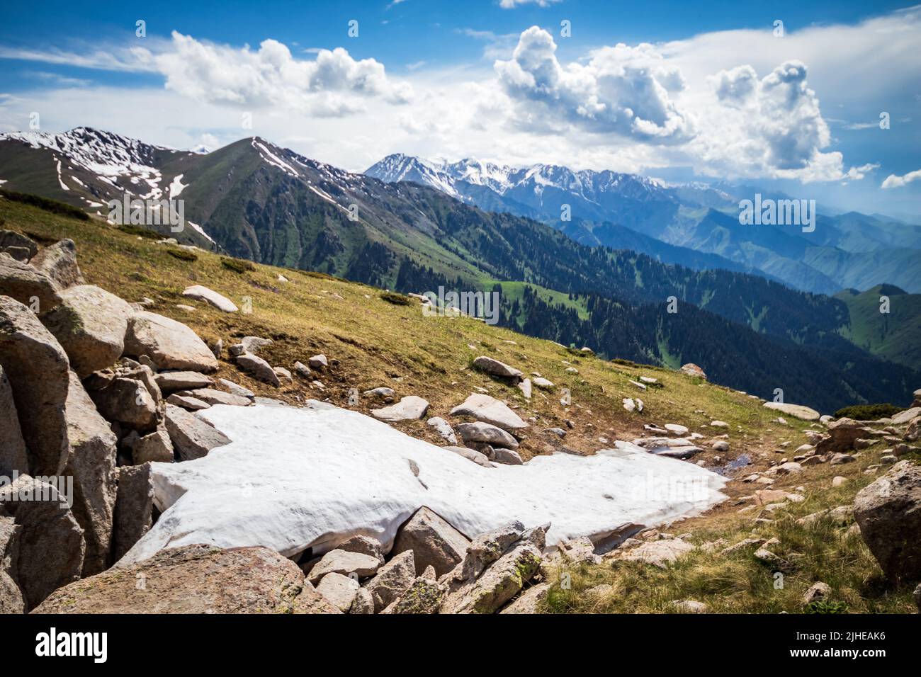 Alpine summer landscape with remnants of snow central asia near the ...