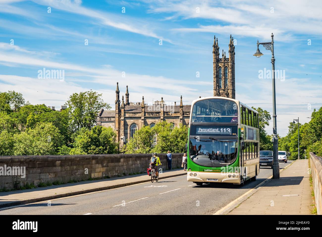 Edinburgh, Scotland, UK – June 20 2022. Public bus driving over Dean ...