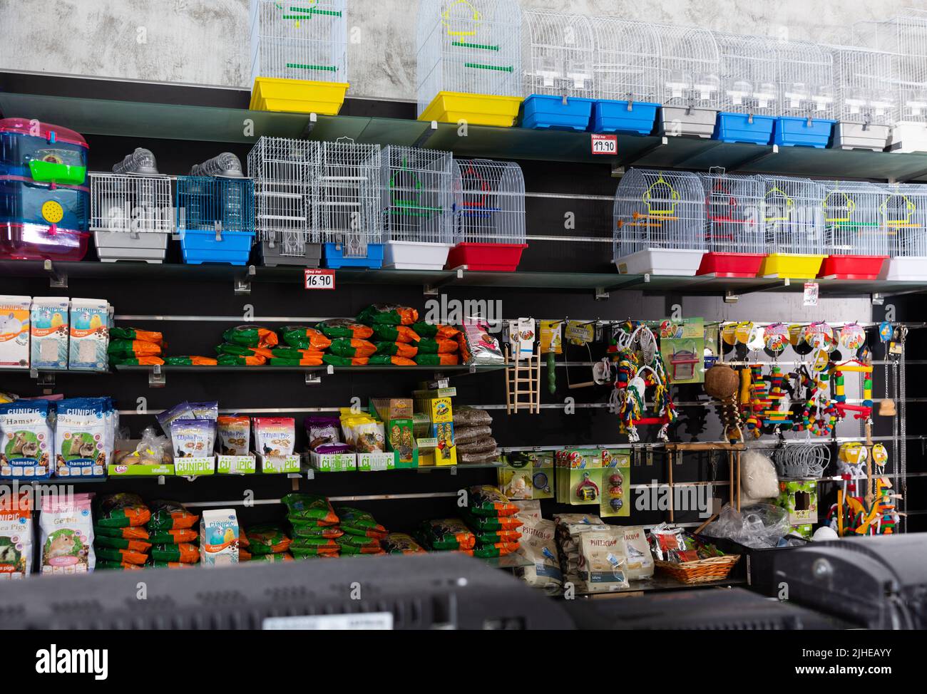 Modern comfortable different variation of goods for animals in pet shop ...