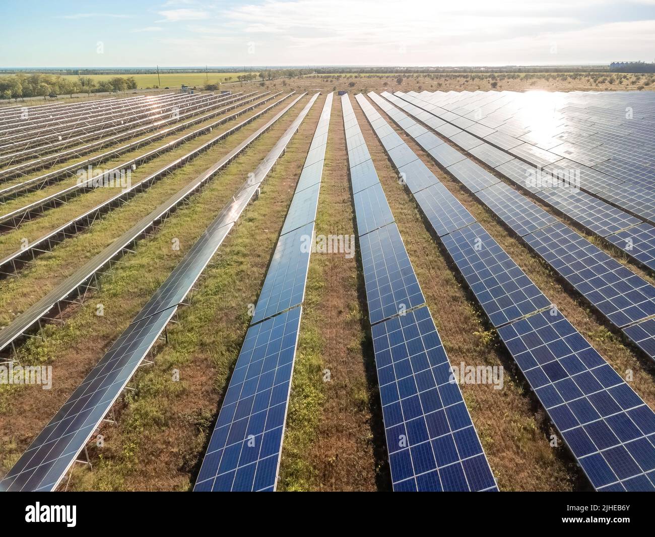 Aerial top view of a solar panels power plant. Photovoltaic solar ...