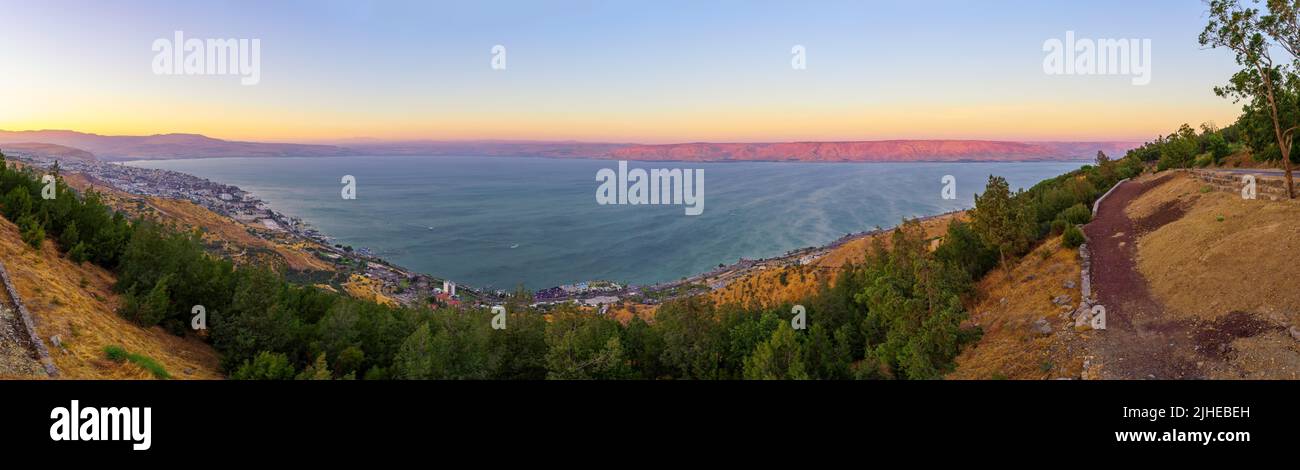 Panoramic sunset view of the Sea of Galilee, from the west. Northern ...