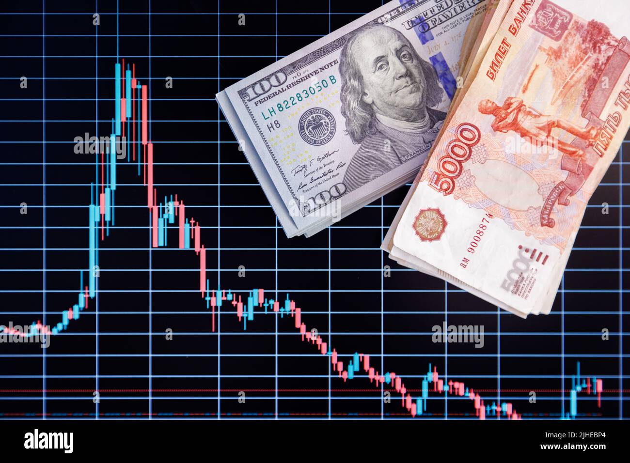 US dollar and russian ruble banknote stacks over digital screen with ...