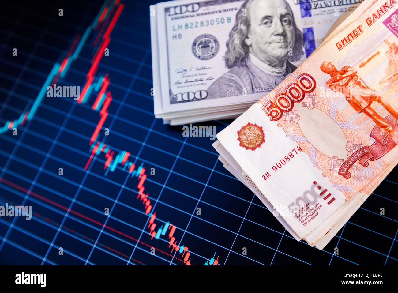 US dollar and russian ruble banknote stacks over digital screen with ...