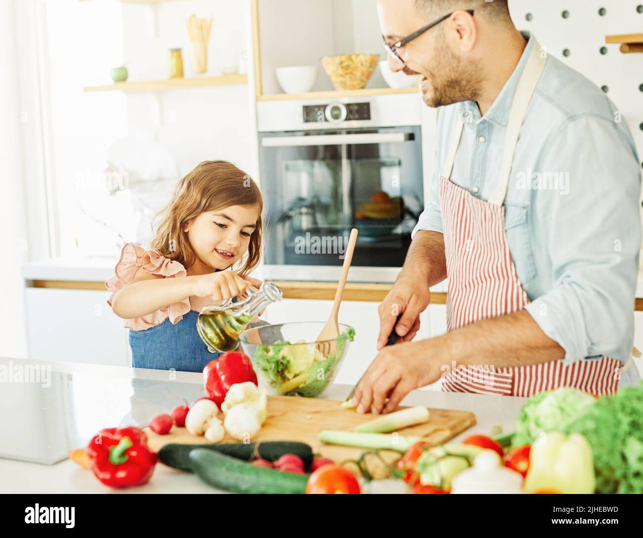 daughter father kitchen food preparing cooking child bonding happy girl ...