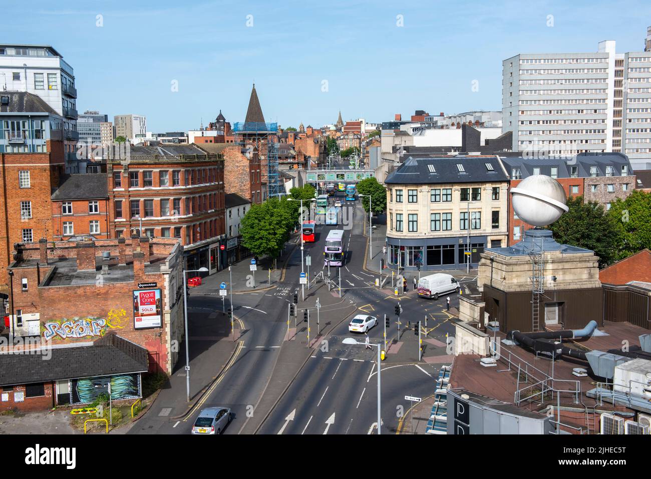 View up Lower Parliament Street in Nottingham, captured from the roof ...
