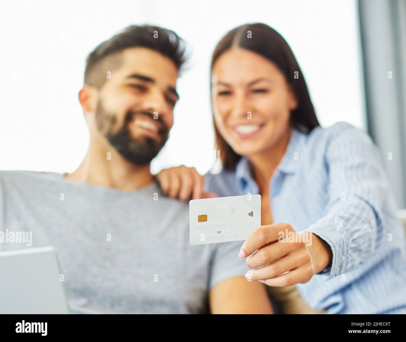 young couple happy tablet together man woman shopping credit card ...