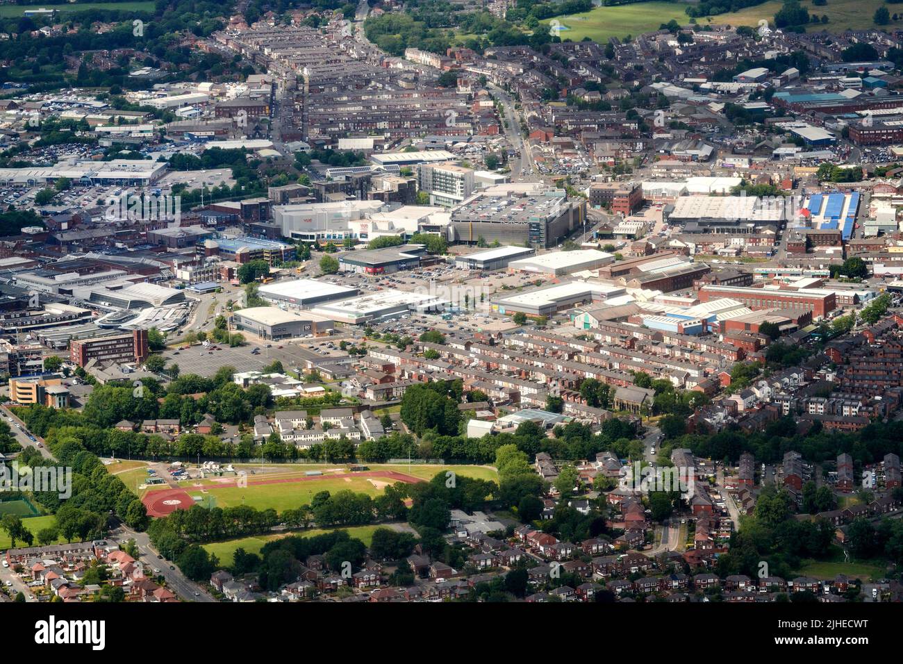 An aerial view of Bury Town Centre, north West England, UK Stock Photo ...