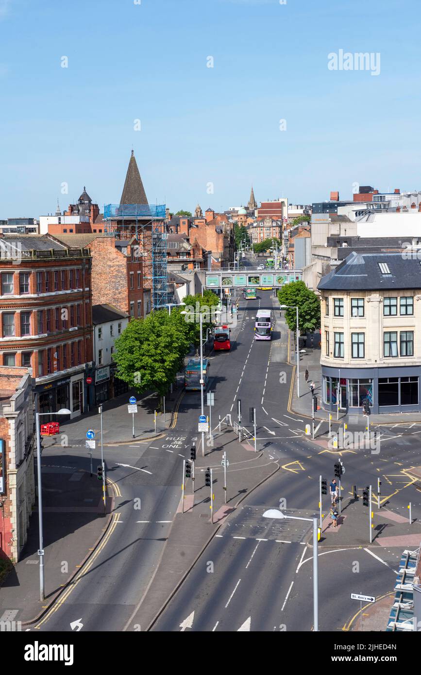View up Lower Parliament Street in Nottingham, captured from the roof ...