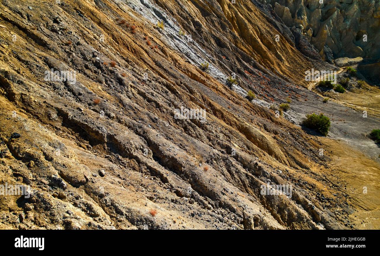 Aerial shot, drone point of view from above old abandoned mines of ...