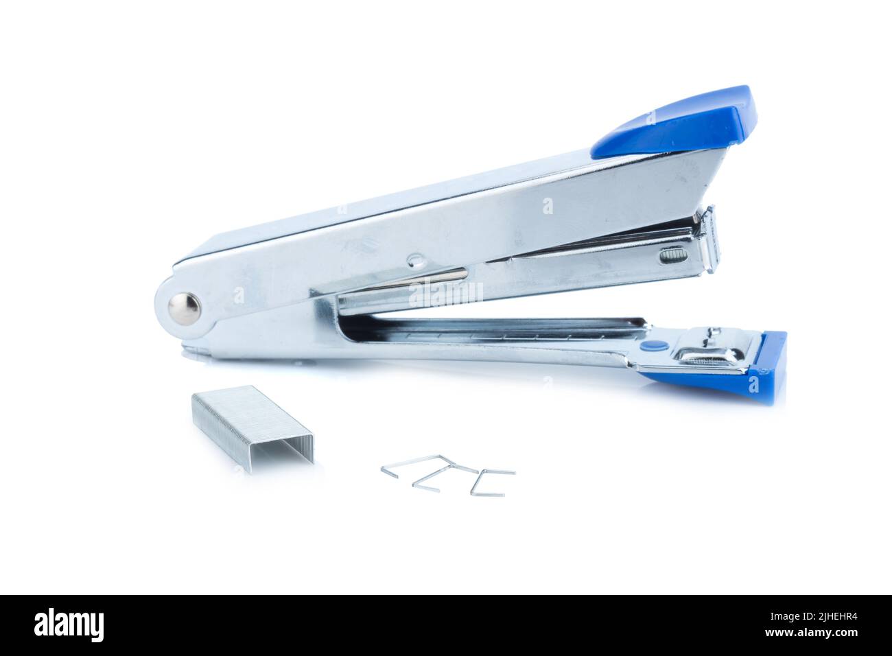 stapler steel color blue and staples isolated on white background Stock ...
