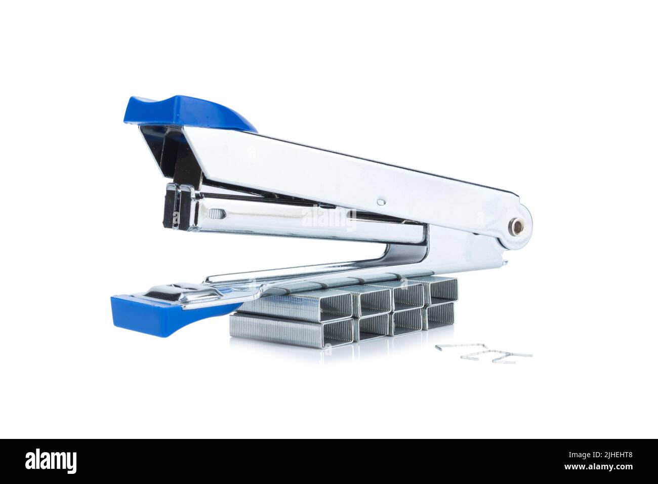 stapler steel color blue and staples isolated on white background Stock ...