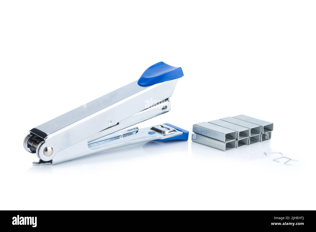 stapler steel color blue and staples isolated on white background Stock ...
