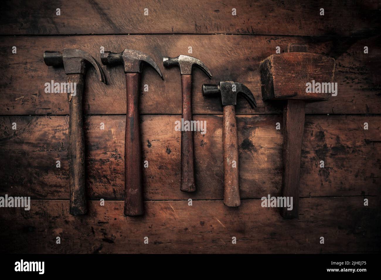 top view picture of collection of woodworking hammers for carpentry on ...