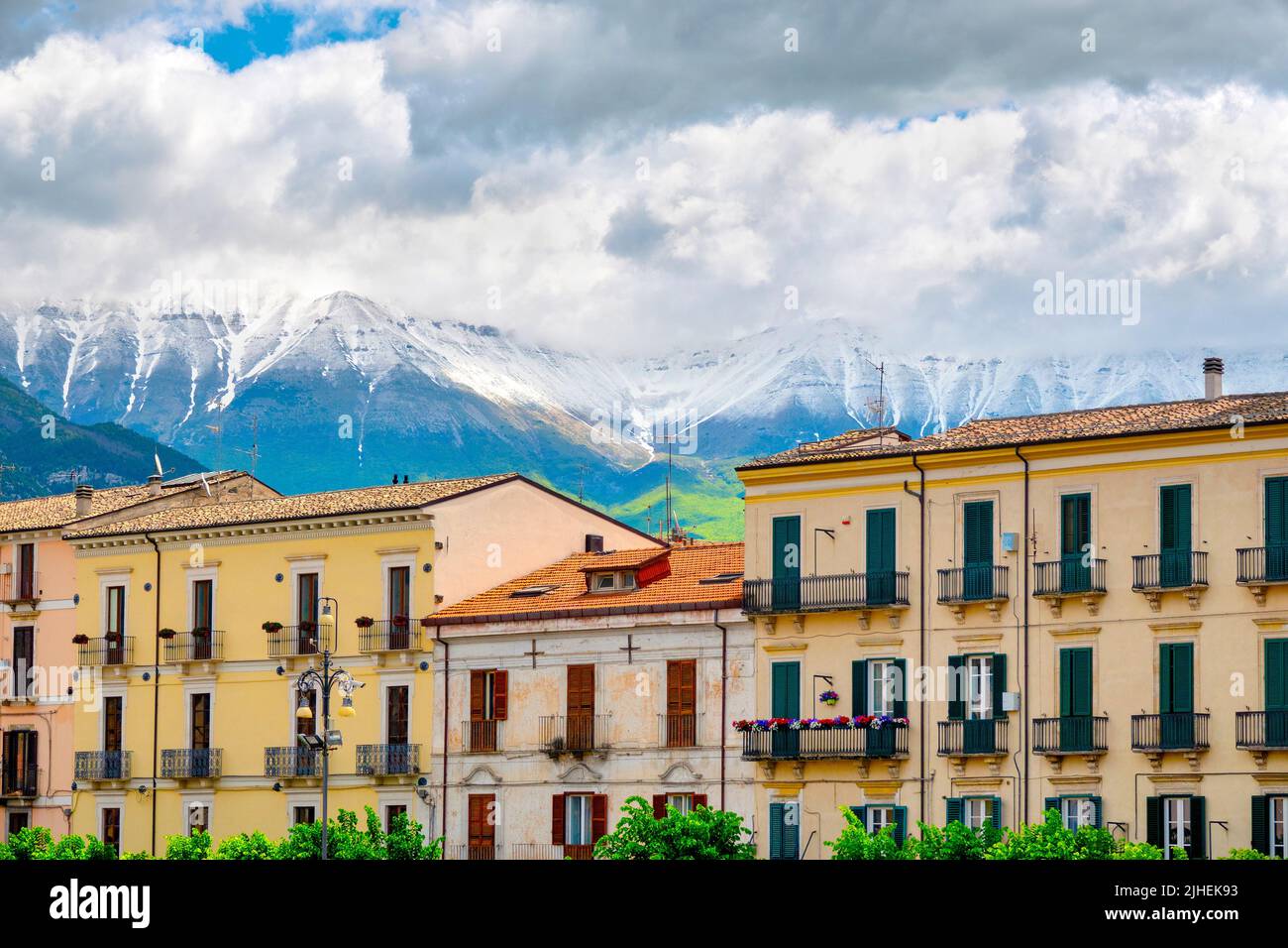 View of the Maiella massif from the Piazza Garibaldi, Sulmona, Italy ...