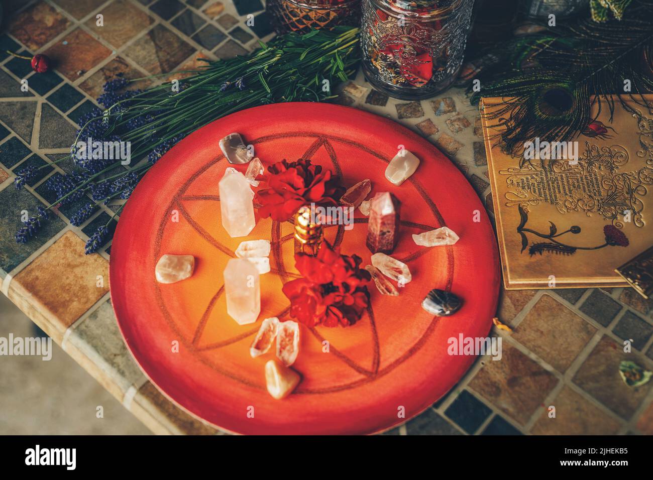 beautiful altar with crystals and rose flowers Stock Photo - Alamy