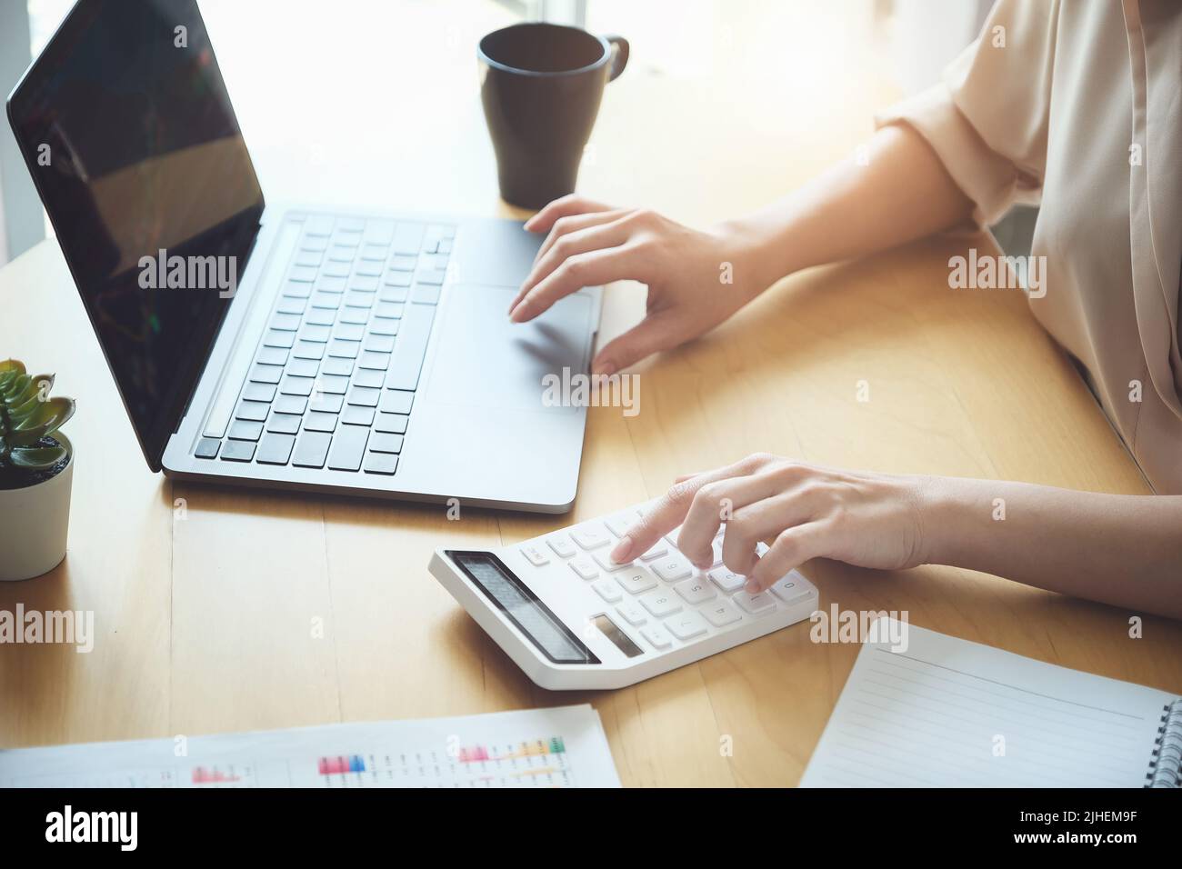 Business woman using calculator to review balance sheet annual using ...