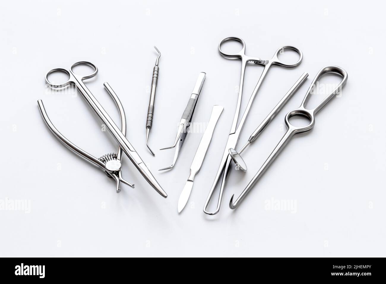 Stack of surgical medical steel equipment at surgery desk Stock Photo ...