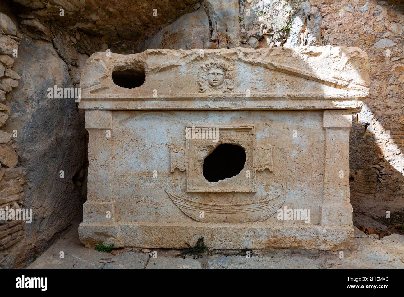 Antique stone sarcophagus in tomb in ancient Lycian city of Olympus ...
