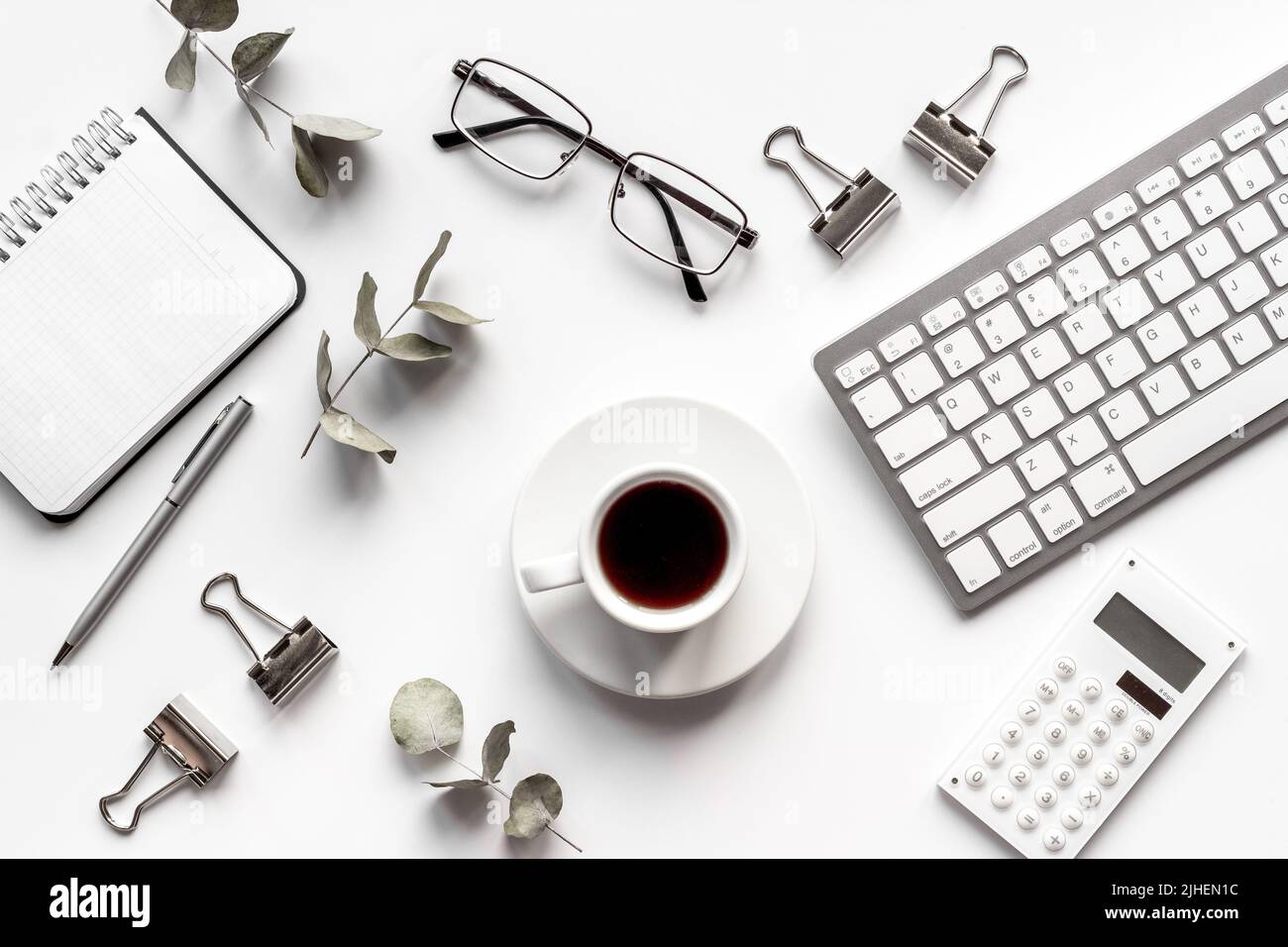 Monochrome colored home work place table with computer. Top view Stock ...