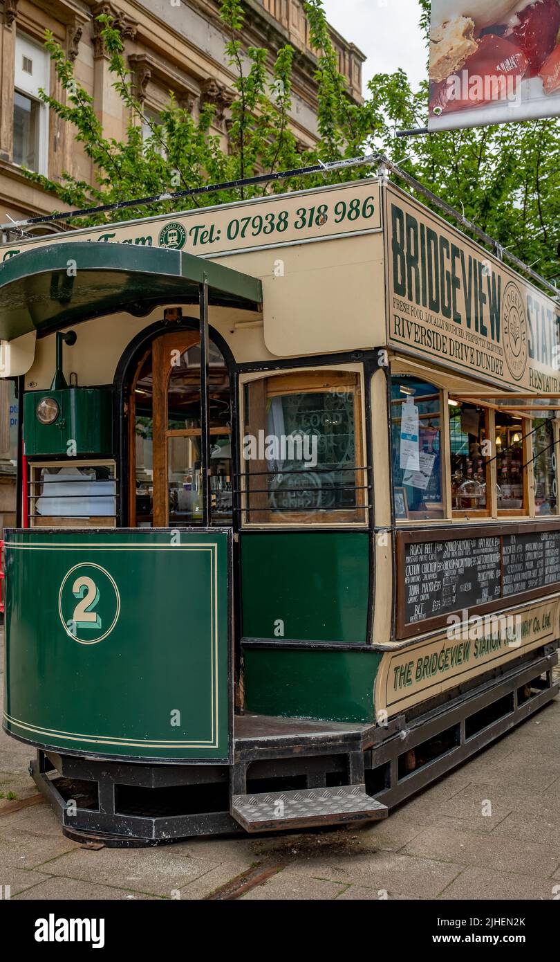 Dundee, Scotland, UK – June 23 2022. The Auld Tram, a converted tram ...