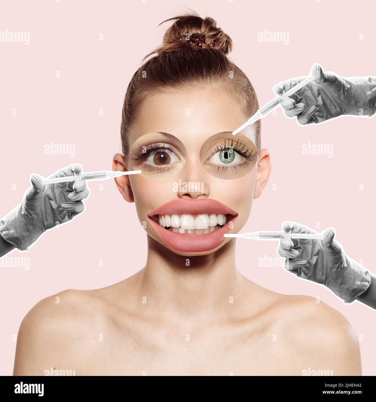 Contemporary art collage. Young woman doing cosmetological injections ...