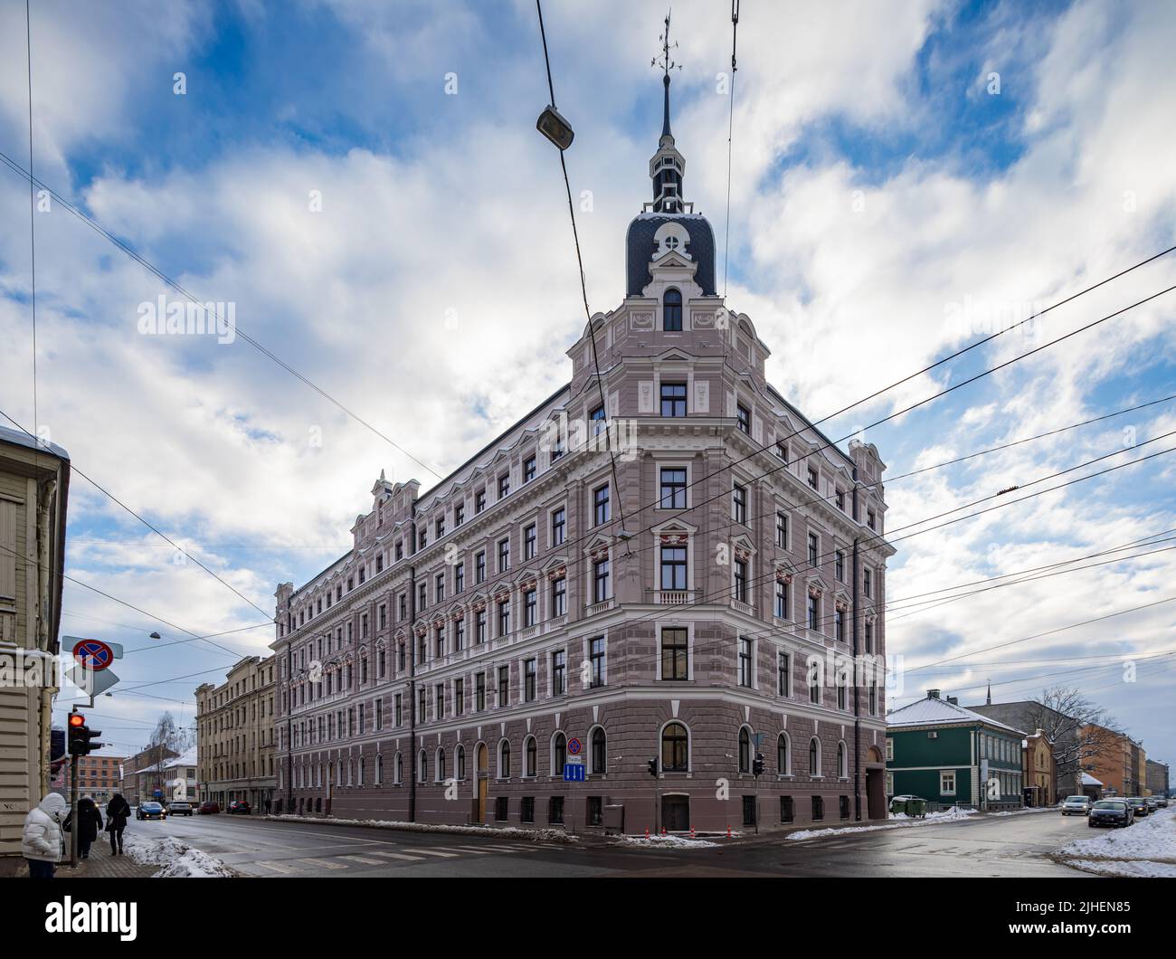 Winter cityscape of Riga. Modern architecture. Crossroad. Snow on road ...
