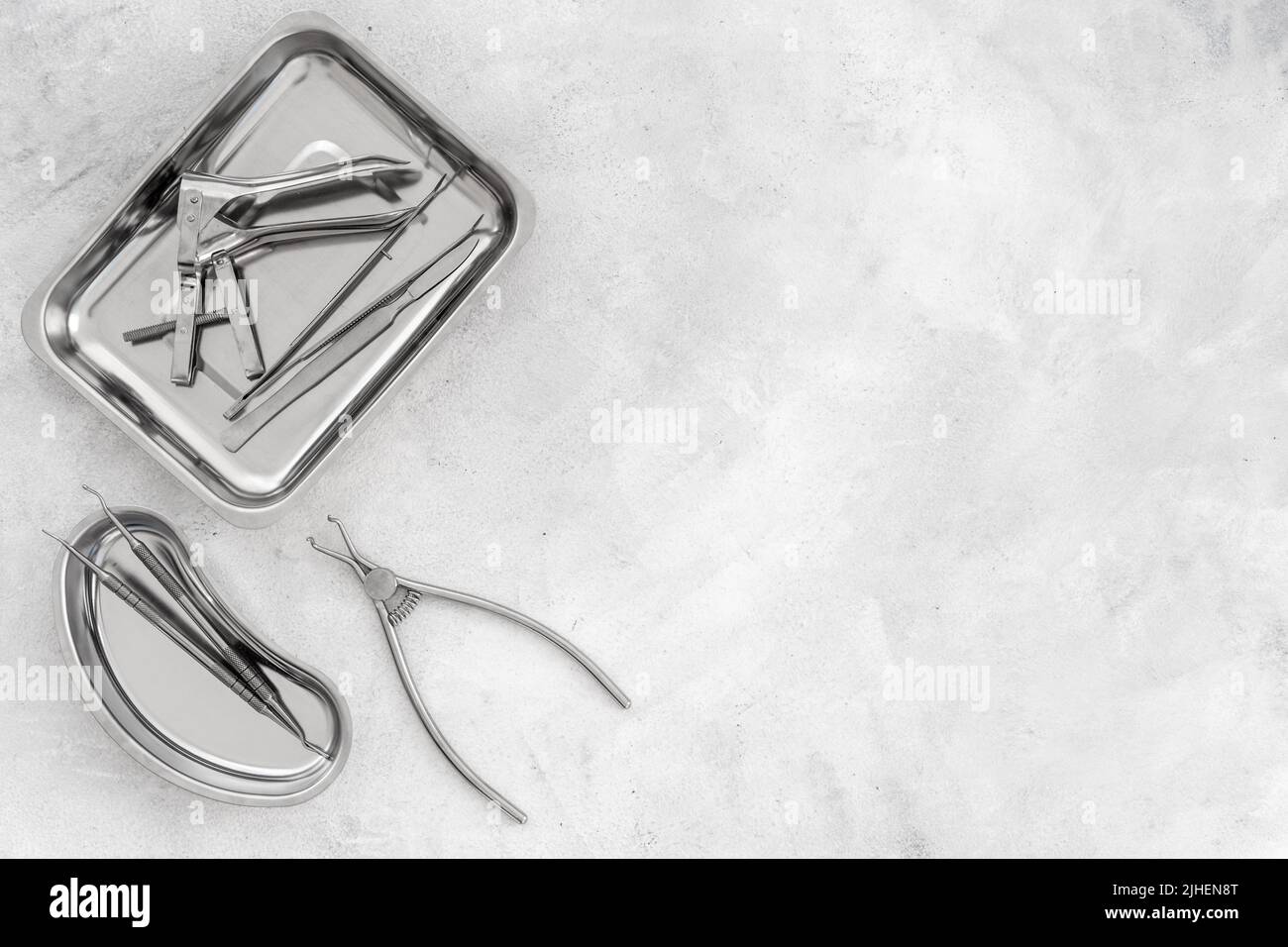 Medical steel equipment for surgery in tray. Healthcare background ...