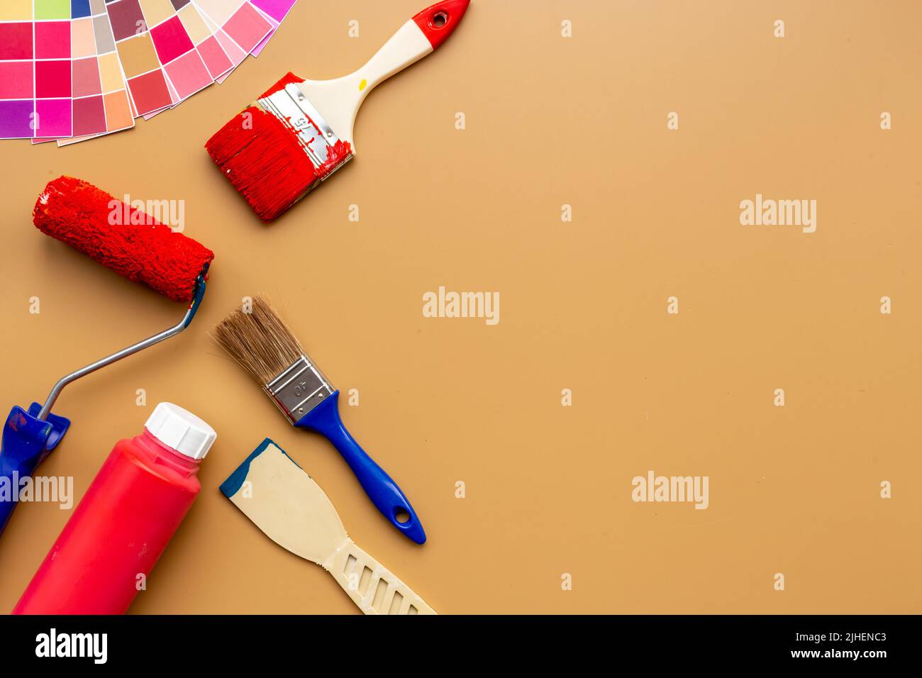 Paintbrush and color palette guide, top view. House renovation tools ...