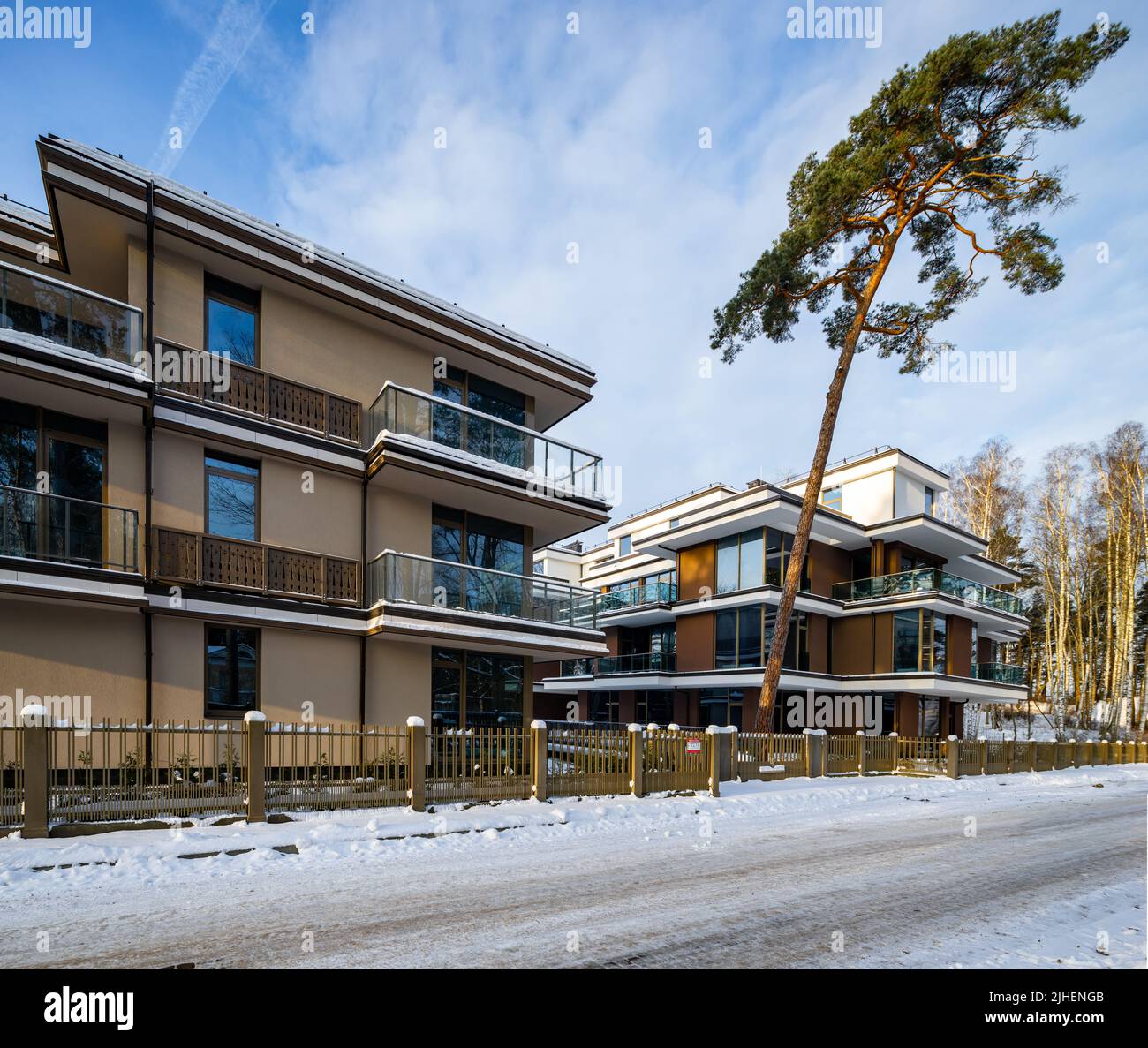 Modern exterior of new luxury residential building at winter. Huge pine ...