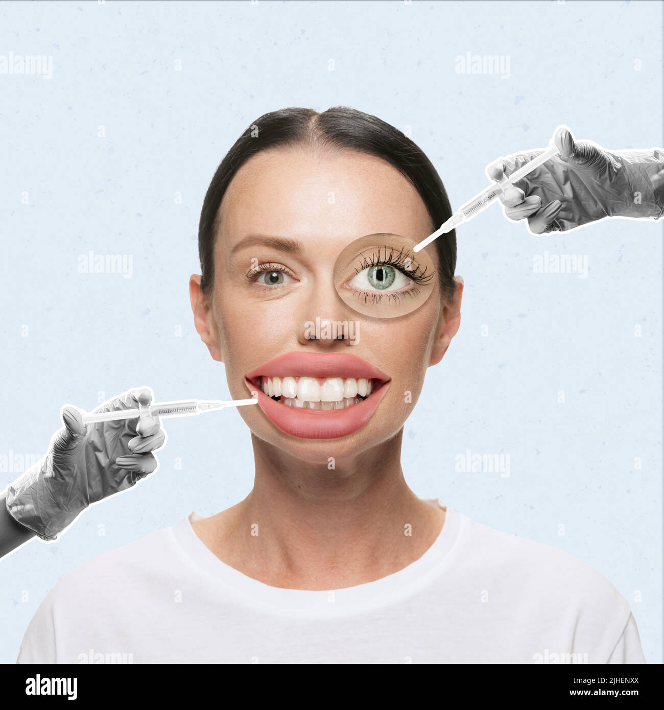 Contemporary art collage. Beautiful woman doing plastic surgery ...