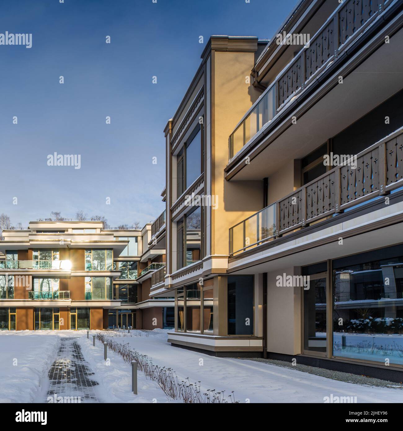 Modern facade of new residential buildings at winter. Private house ...