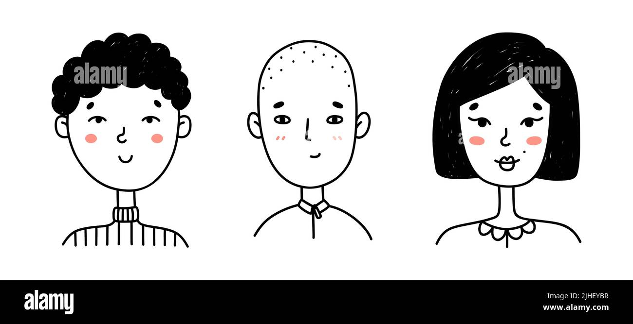 Set of cute peoples faces in doodle style. Portraits of happy young ...