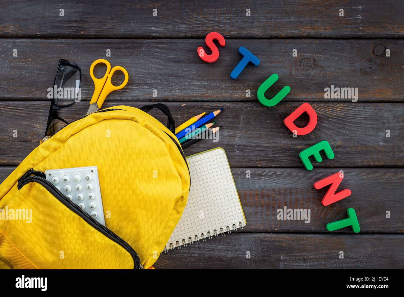 Students supplies in yellow school backpack. Back to school concept ...
