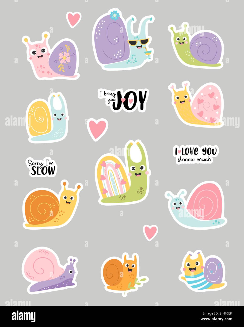 Set of vector stickers with cute snails and phrases. Funny insect ...