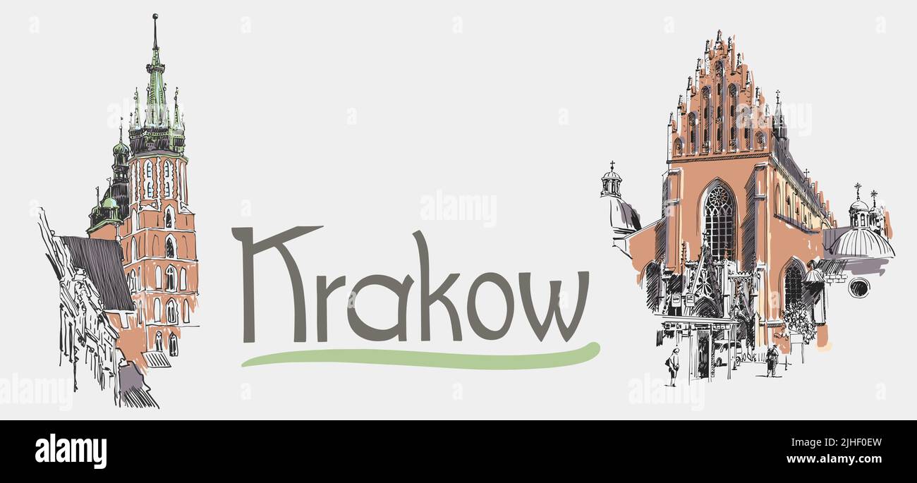 Original sketch drawing of old medieval church in Krakow with hand ...