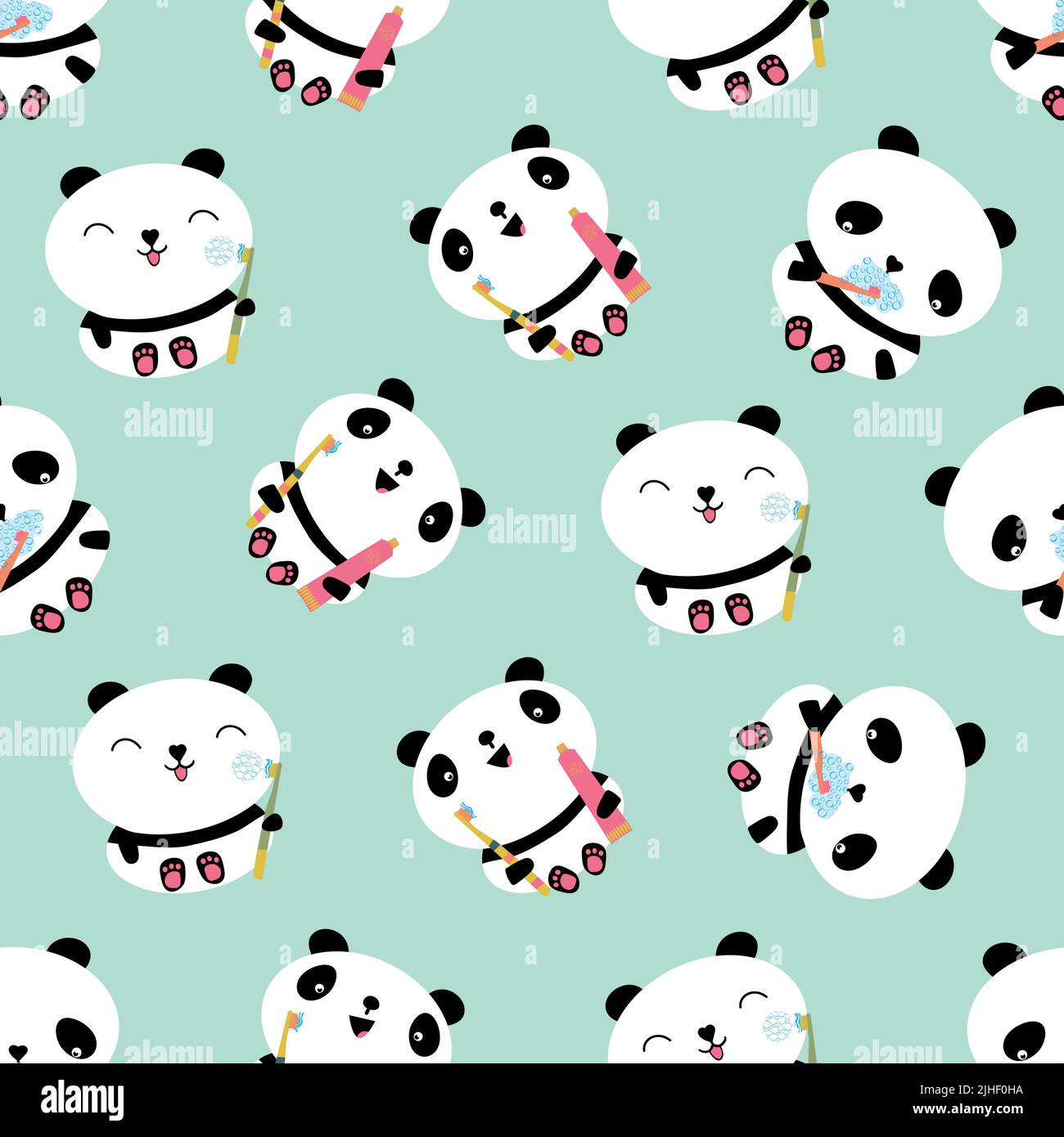 Kawaii panda kids dental health care vector educational seamless ...