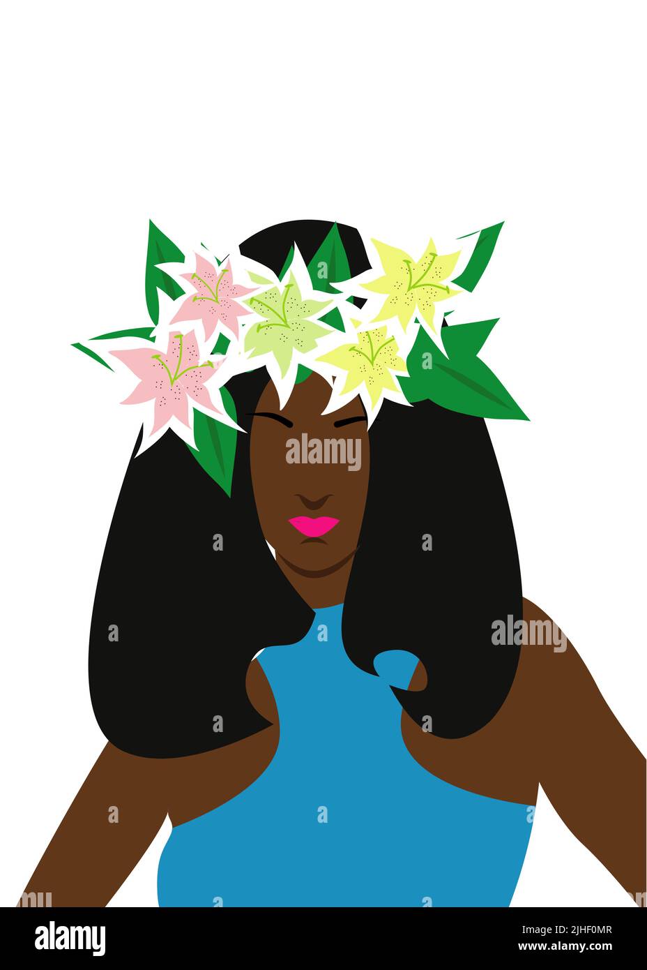 Illustration With A Beautiful Dark Skinned Girl And Bright Flowers